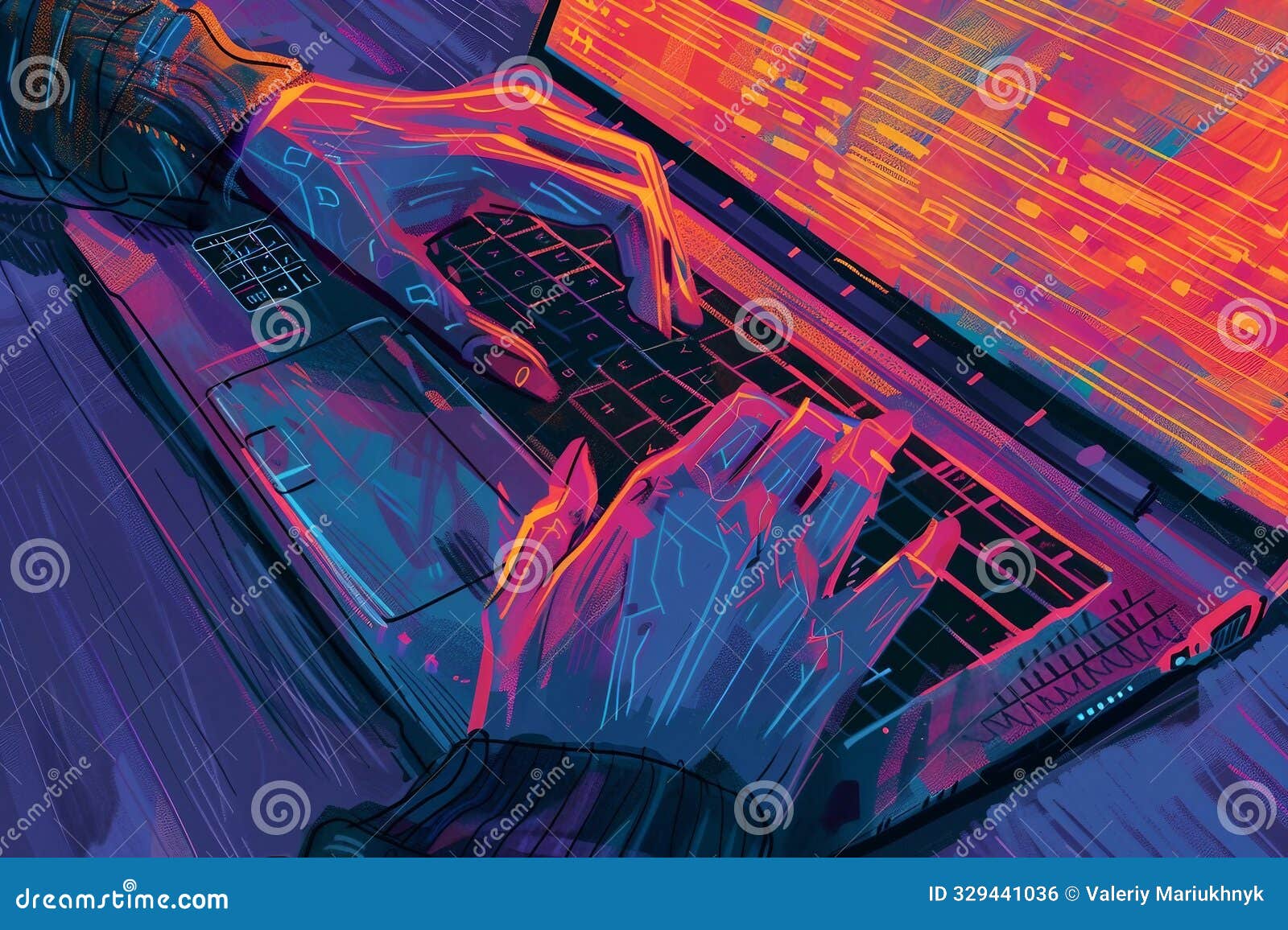 Digital Artwork Featuring Hands on a Keyboard and Vibrant Programming ...