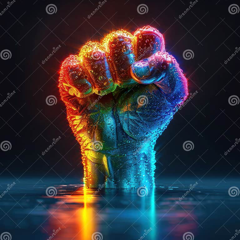 Digital Artwork Featuring a Multi-colored Fist Raised Over Water ...
