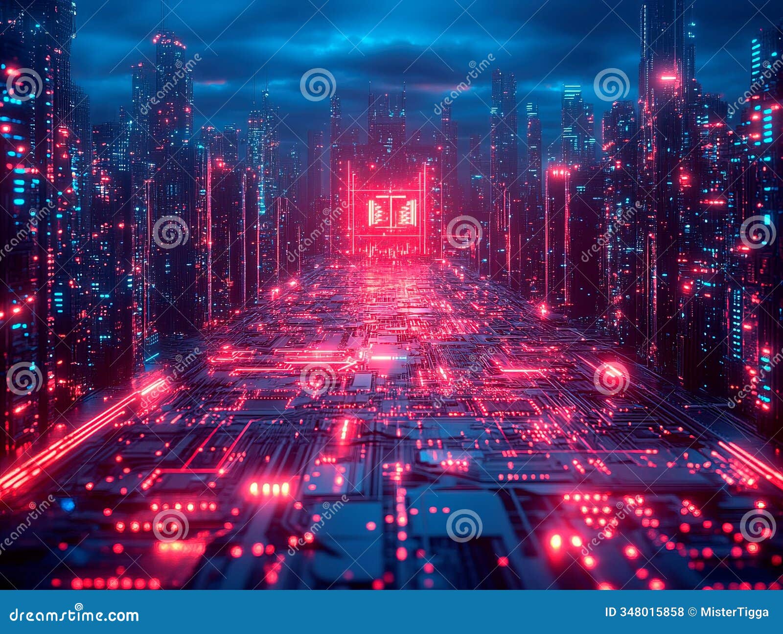 A Digital Artwork Featuring a Vibrant, High-tech Cityscape with Circuit ...