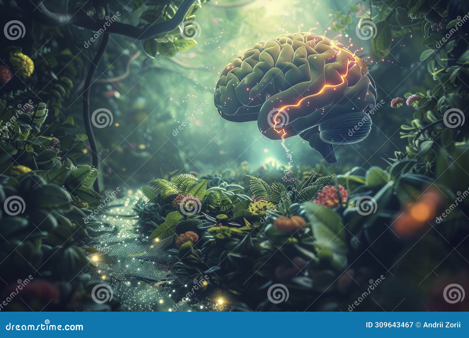 Conceptual Illustration of a Glowing Brain in Nature Stock Image ...