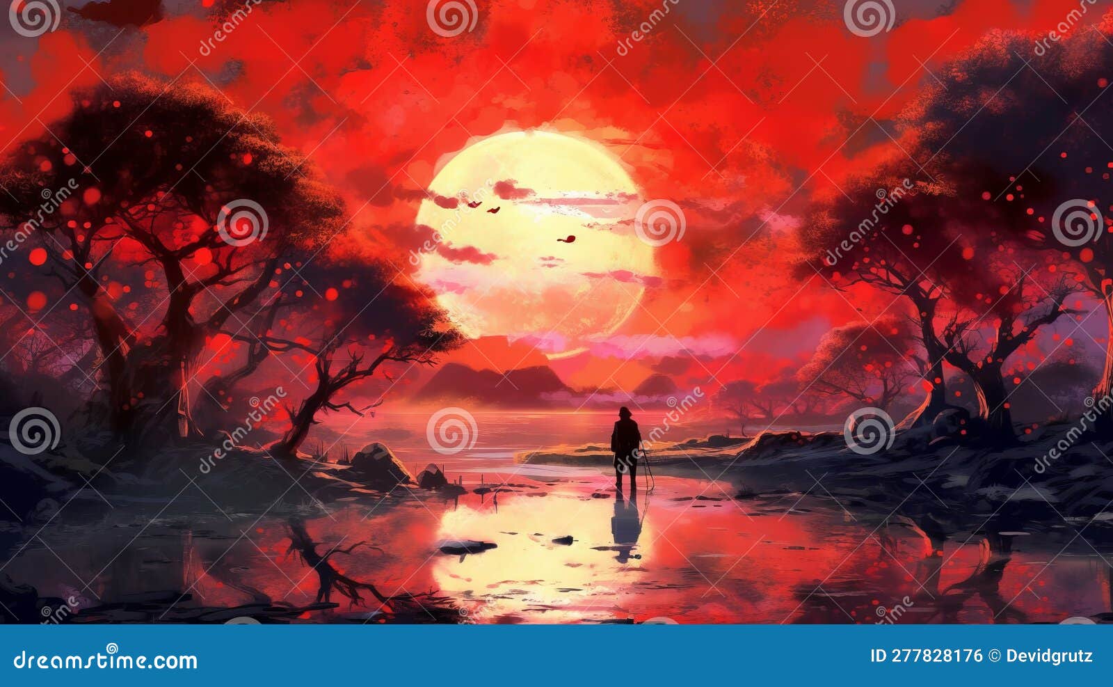 Digital Artwork of a Red Sunset in Anime or Manga. Generative AI Stock ...