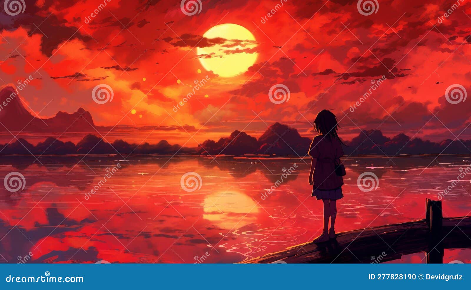 Digital Artwork of a Red Sunset in Anime or Manga. Generative AI Stock ...
