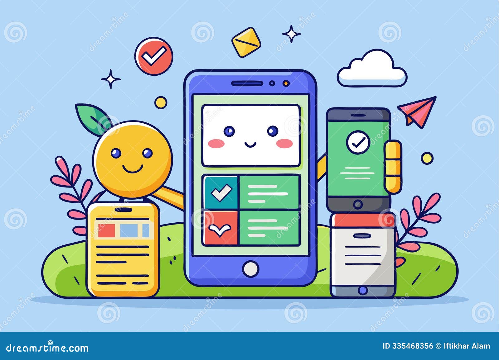 This Digital Artwork Showcases a Colorful Mobile Wireframe with Cartoon ...