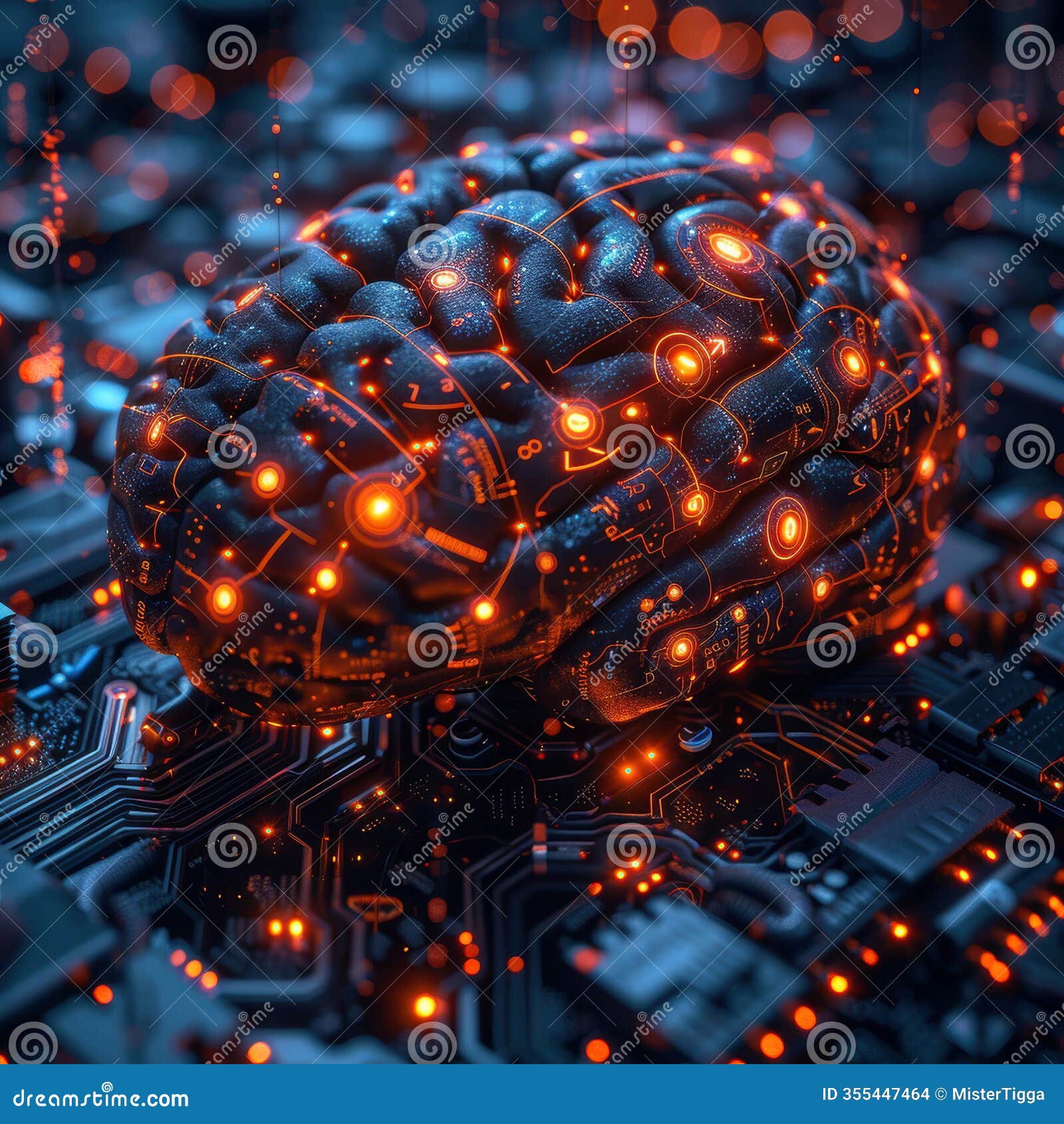 A Digital Artwork Showcases a High-tech Brain with Glowing Circuit-like ...