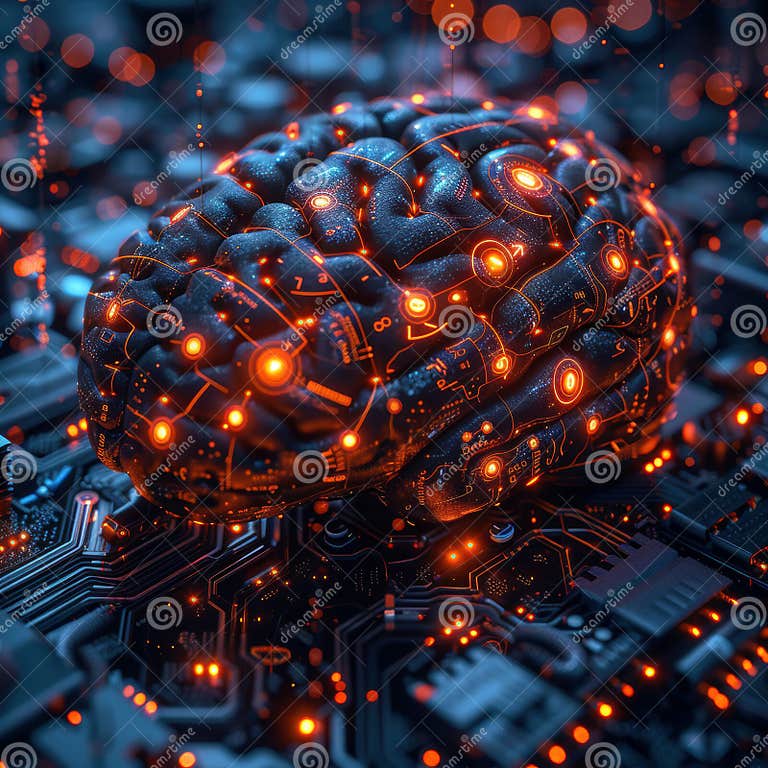A Digital Artwork Showcases a High-tech Brain with Glowing Circuit-like ...