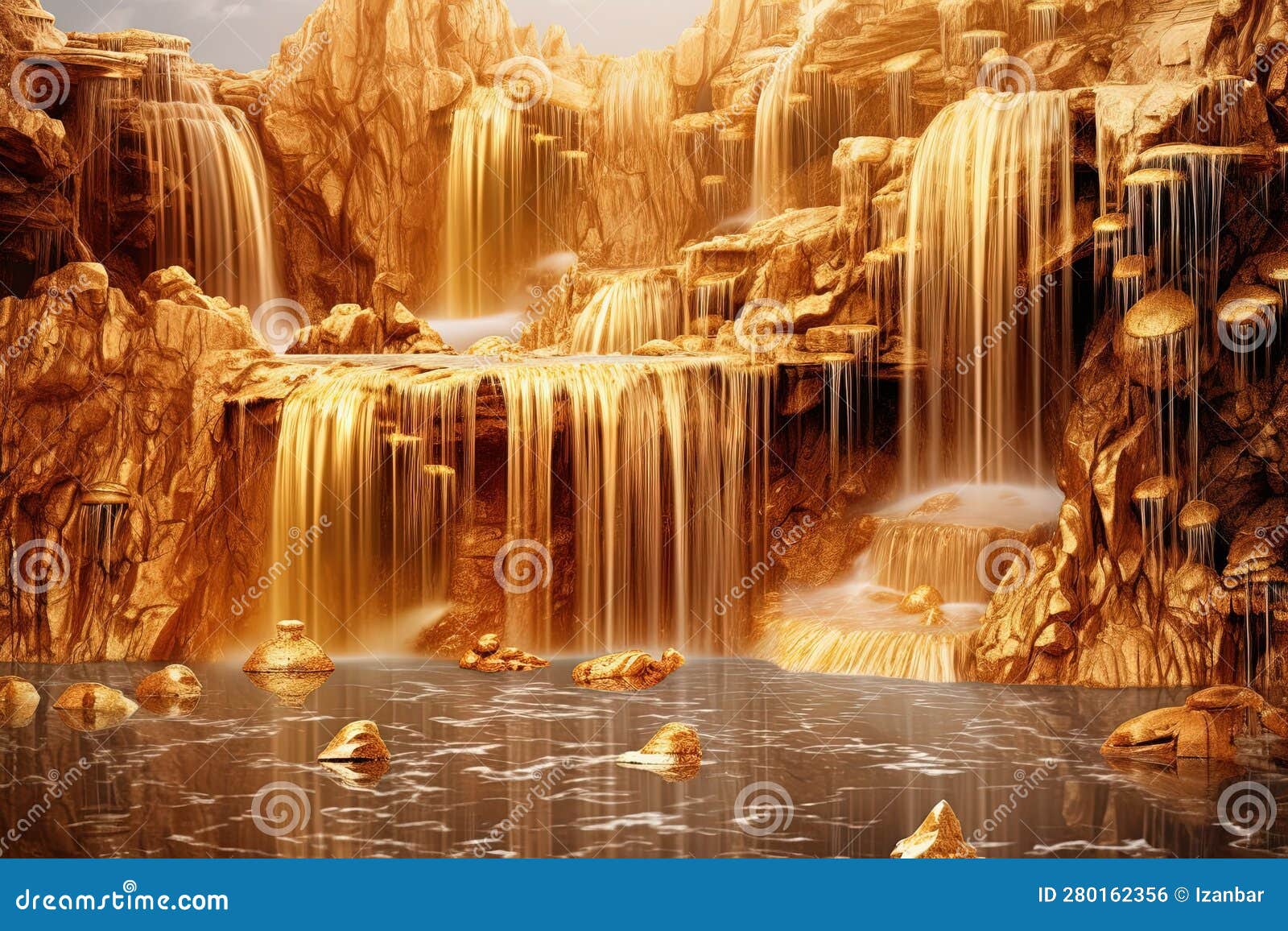 A Digital Artwork Showcasing a Cascading Waterfall of Golden Liquid ...
