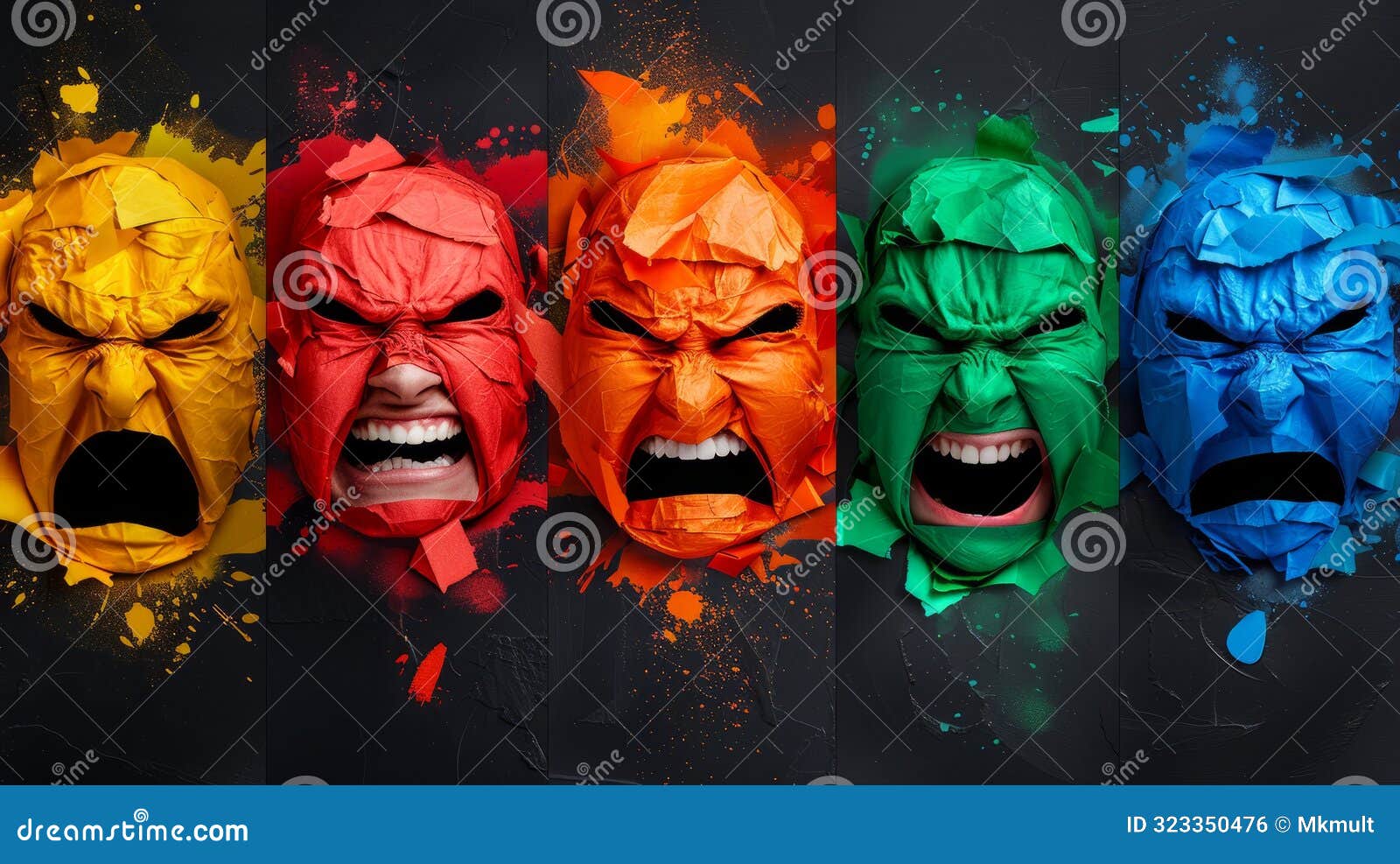 Five angry faces in a row stock photo. Image of angry - 323350476