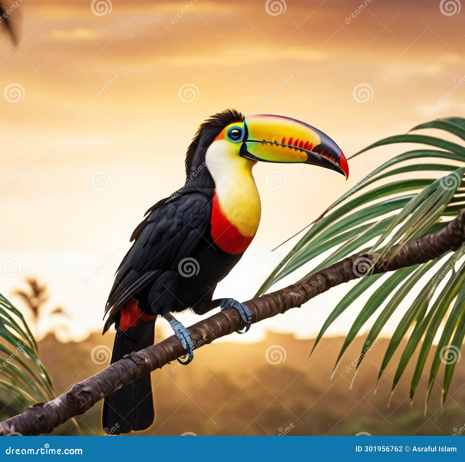 A Digital Artwork of a Vibrant Toucan Perched on a Tropical Tree Branch ...