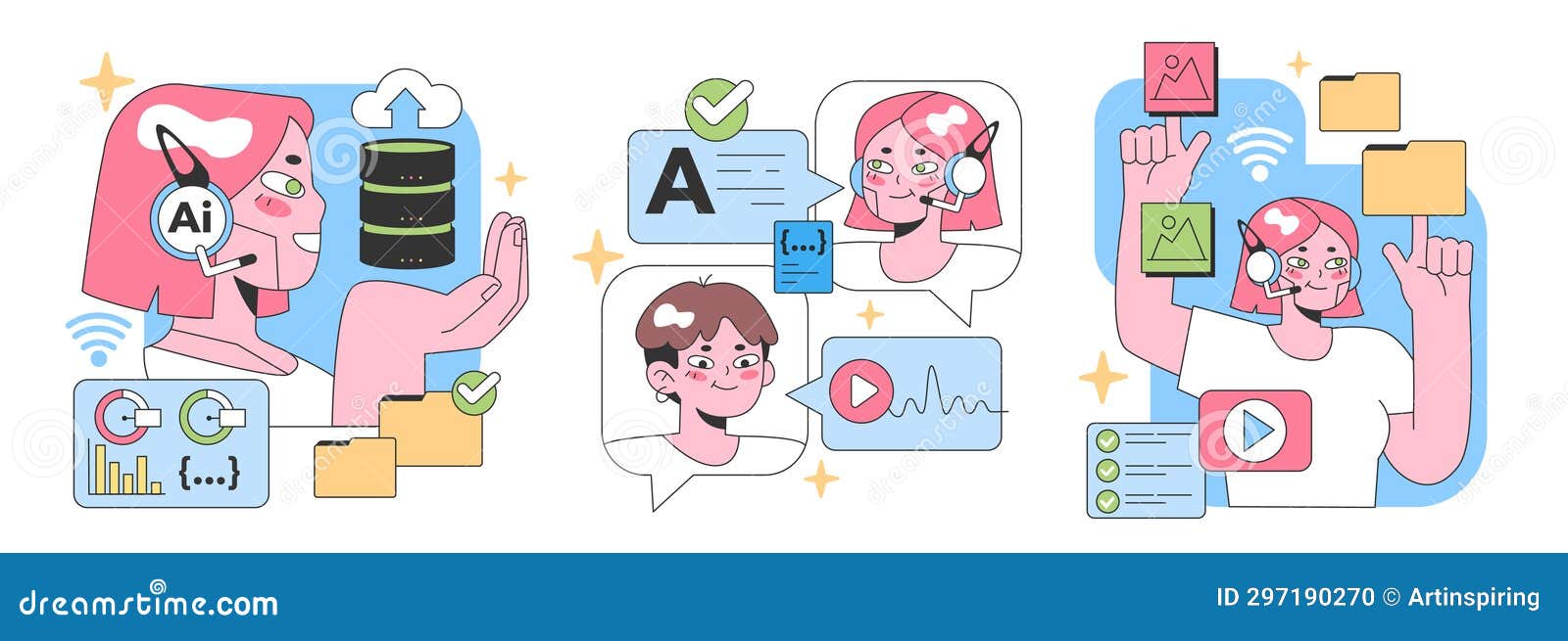 Digital Assistance Set. Flat Vector Illustration. Stock Vector ...