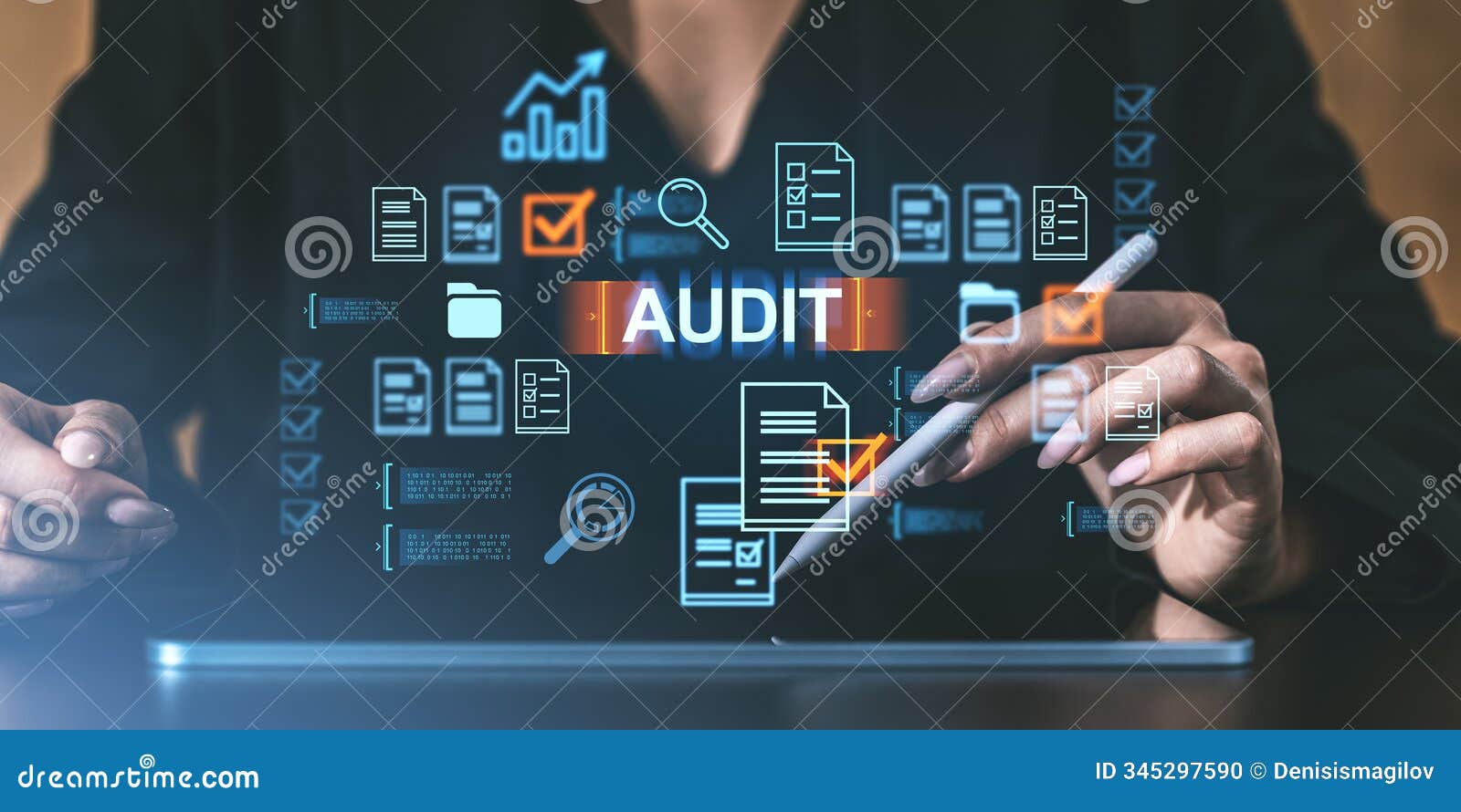 Digital Audit Concept with Floating Icons, Hands Using a Tablet ...