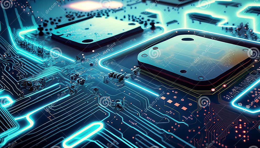 Digital Background with Computer Chip and Neon Light Stock Illustration ...