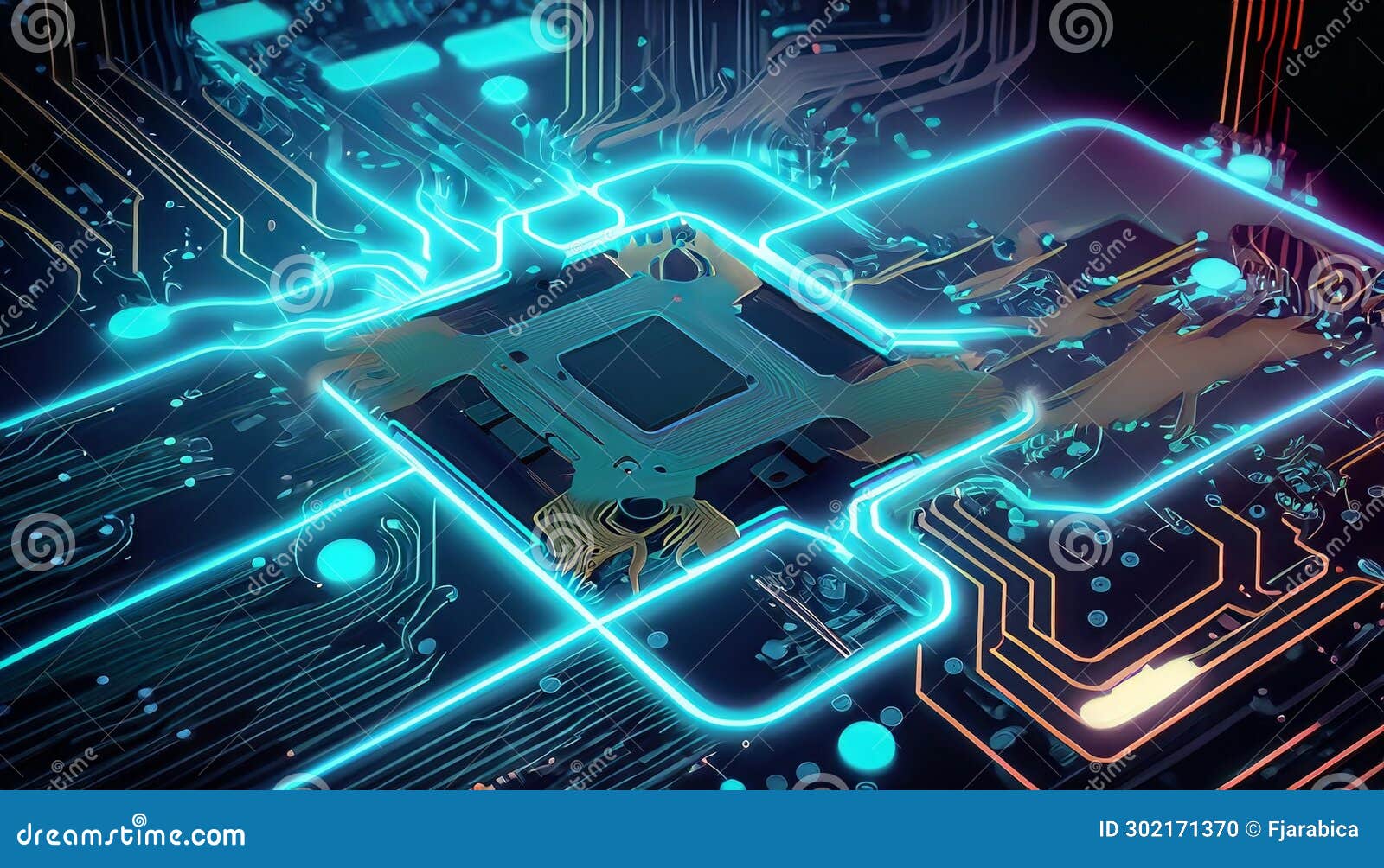 Digital Background with Computer Chip and Neon Light Stock Illustration ...