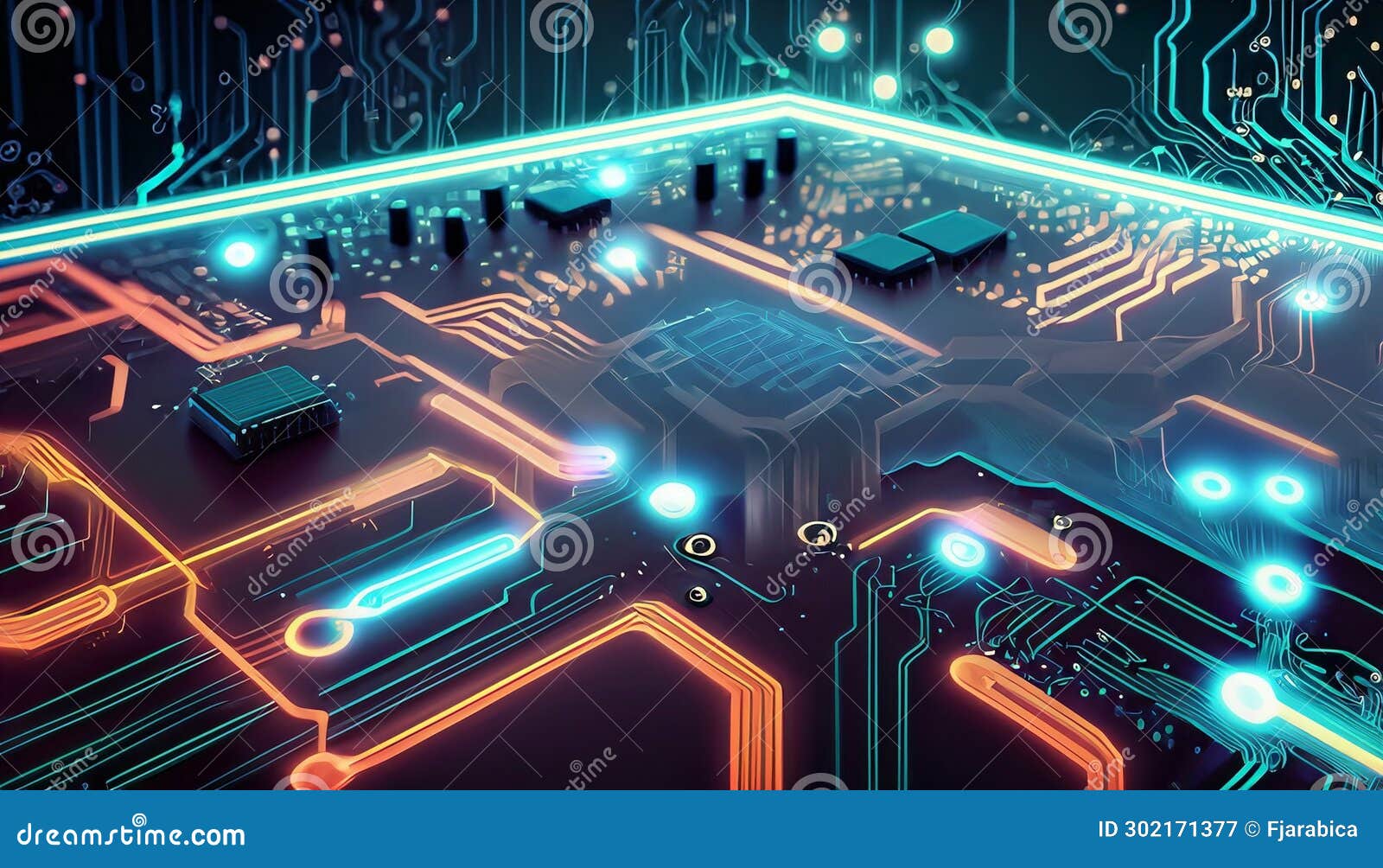 Digital Background with Computer Chip and Neon Light Stock Illustration ...