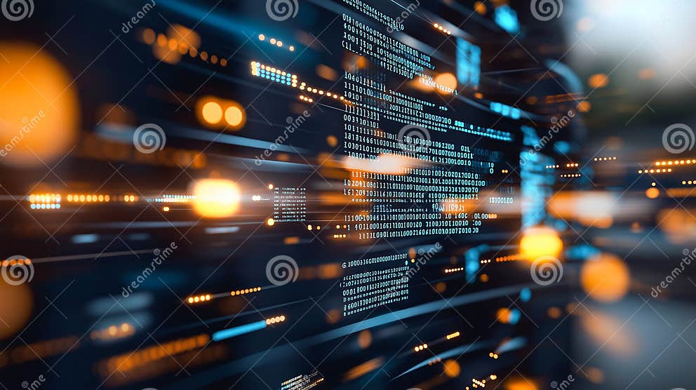 Digital Background with Glowing Binary Code and Abstract Light Trails Creating Futuristic ...