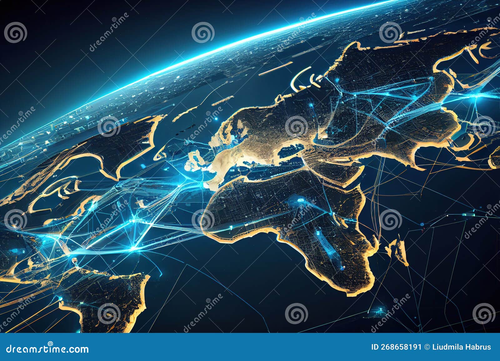 Digital Background View of the Earth from Space. Light Lines Connecting ...