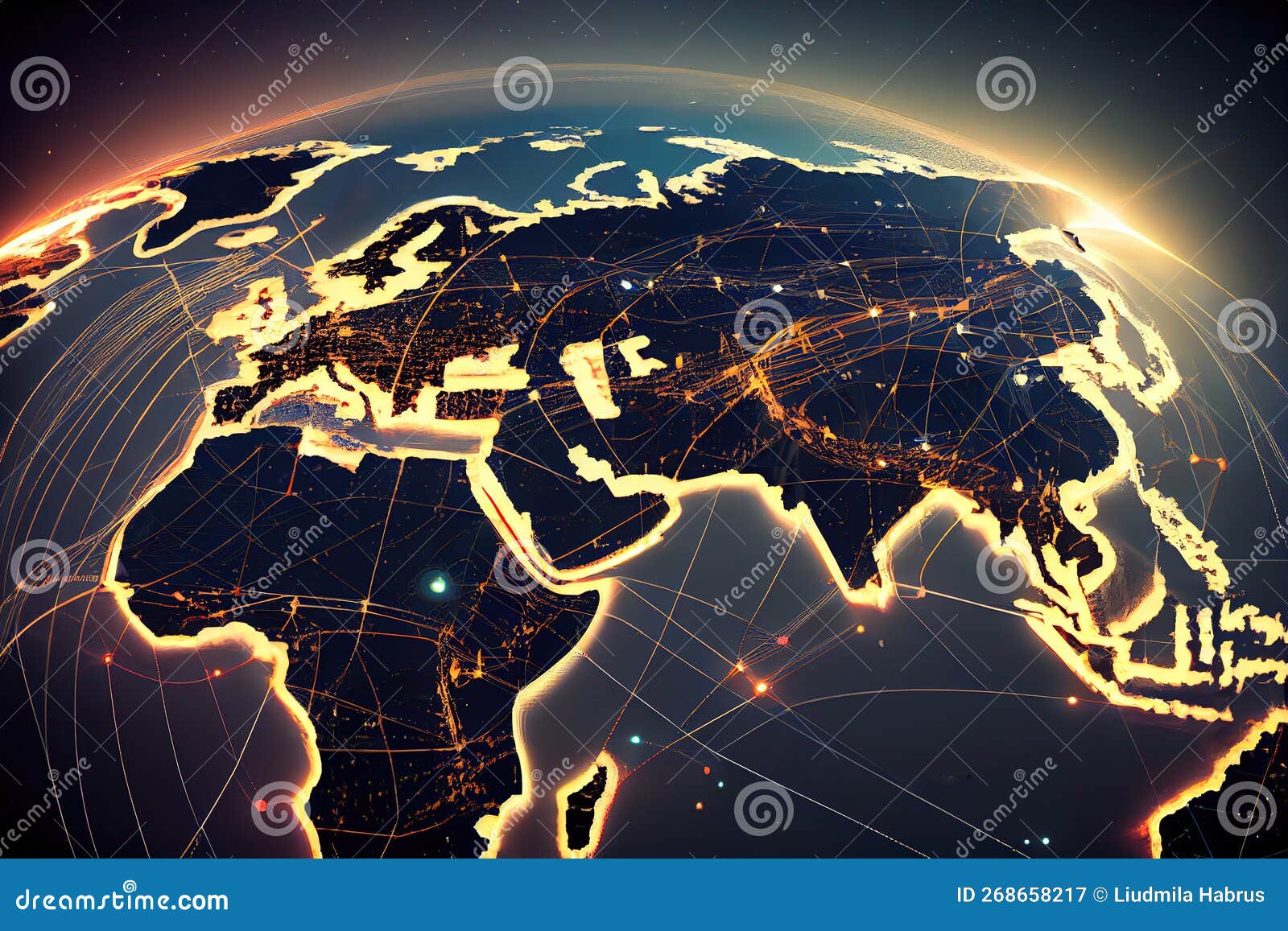 Digital Background View of the Earth from Space. Light Lines Connecting ...