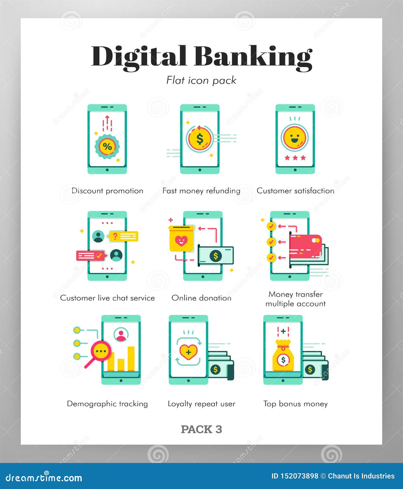 Digital Banking Icons Flat Pack Stock Vector - Illustration of donation ...
