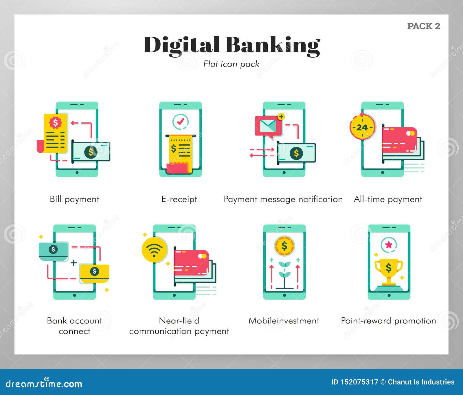 Digital Banking Icons Flat Pack Stock Vector - Illustration of bill ...