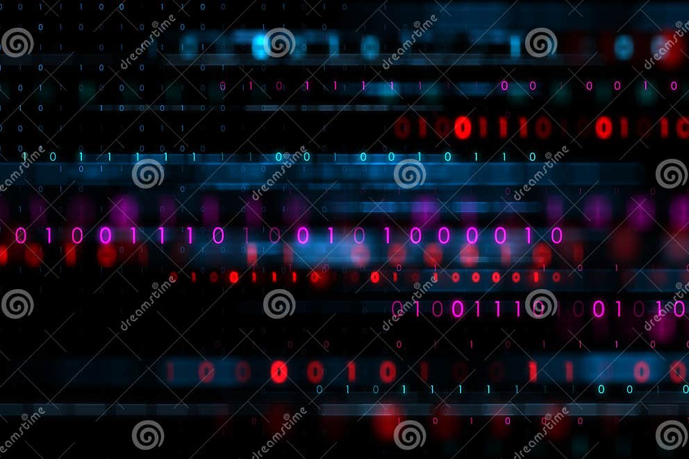 Digital Binary Data And Secure Data Concept With Colorful Blurred Binary Code On Dark Background