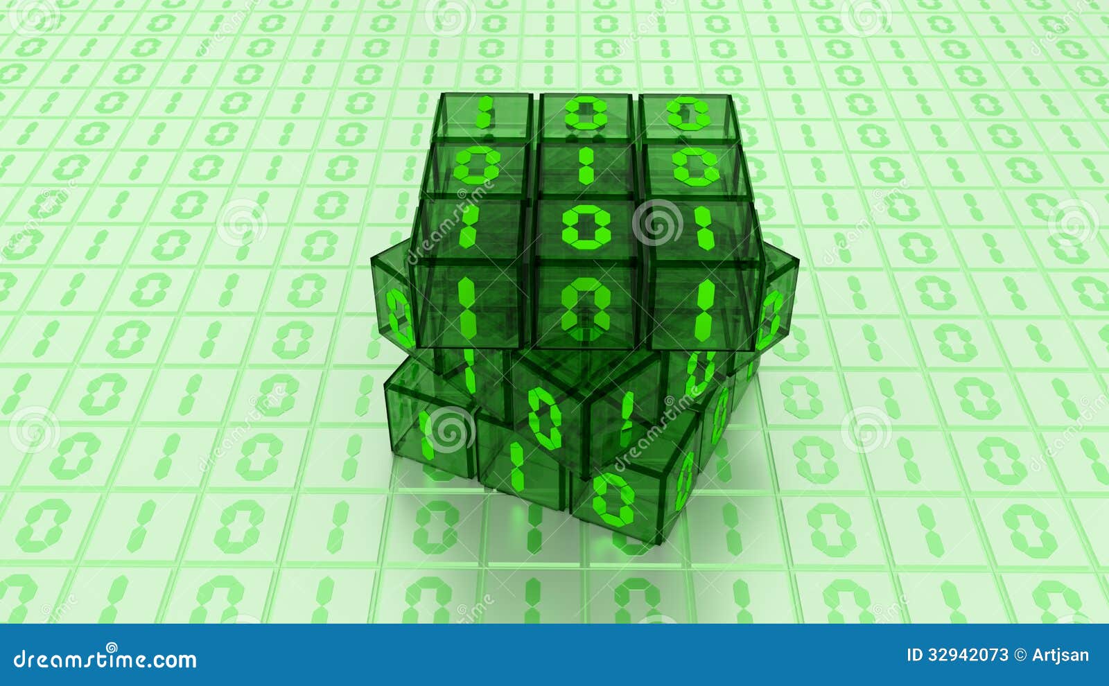 Digital Binary Magic Cube Box in Green Glass White Background Stock ...