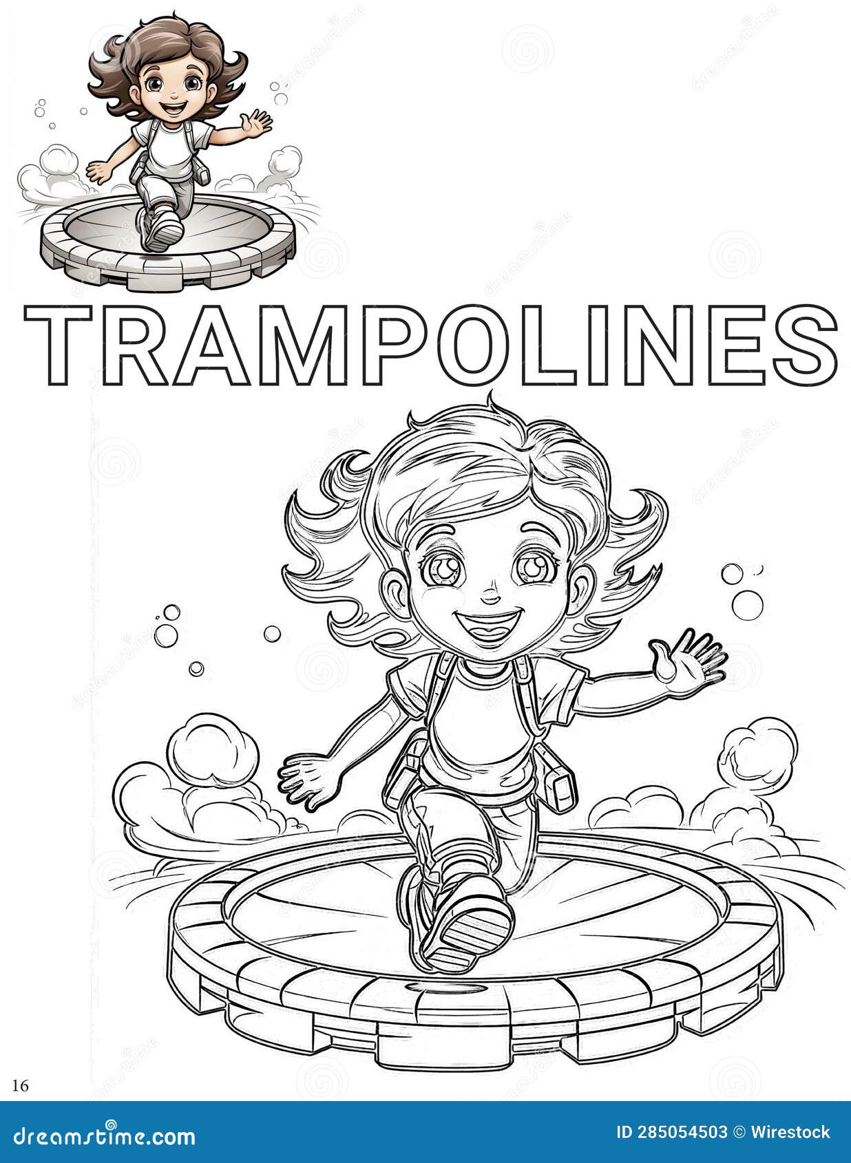 Digital Blank Illustration of a Girl on a Trampoline for a Coloring ...