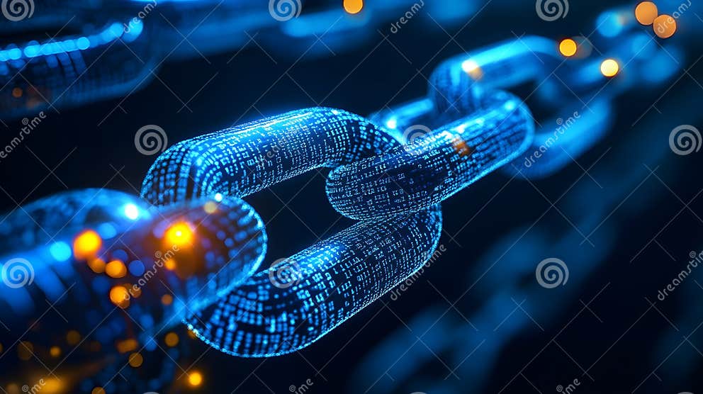 Digital Blockchain Chain with Binary Code and Glowing Links, Symbolizing Data Security and ...