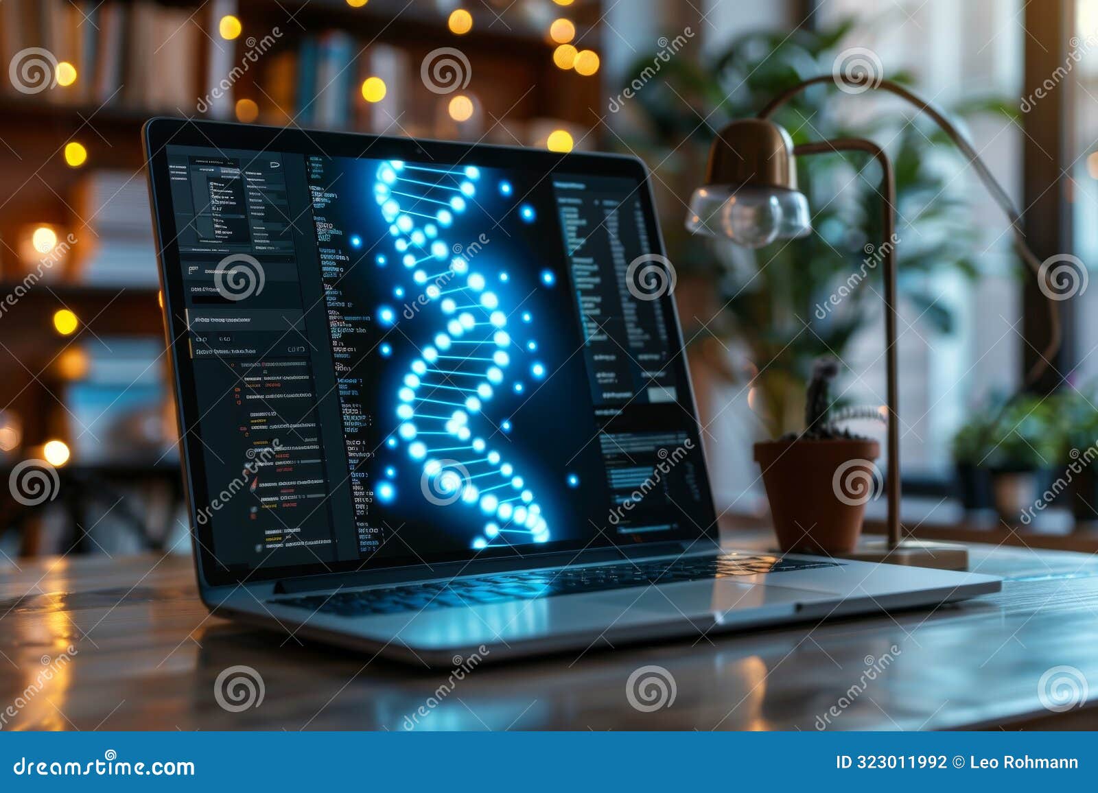 Digital Blue DNA Model on Laptop Screen with a Modern Office Background ...