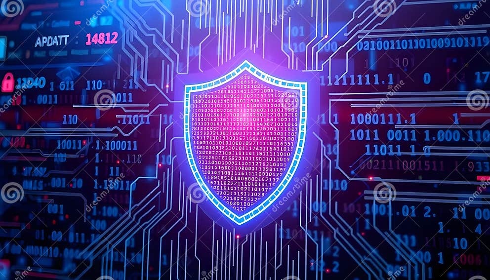 Digital Blue Guard Shield Icon with Binary Code, and Security Systems Background Stock Photo ...