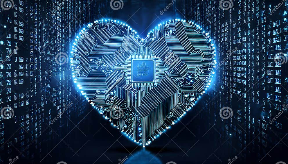 A Digital Blue Microcircuit in the Shape of a Heart on a Dark ...