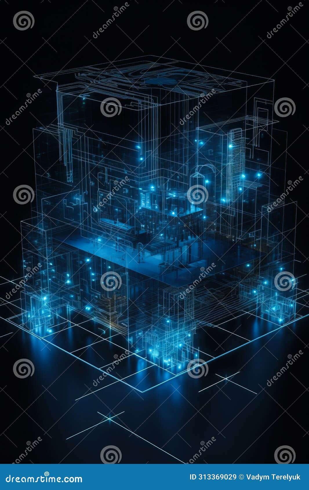 Digital Blueprint of Building is Lit Up in Blue Stock Image - Image of ...