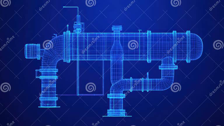 A Digital Blueprint of a Pipe System Displayed in a Blue Wireframe ...
