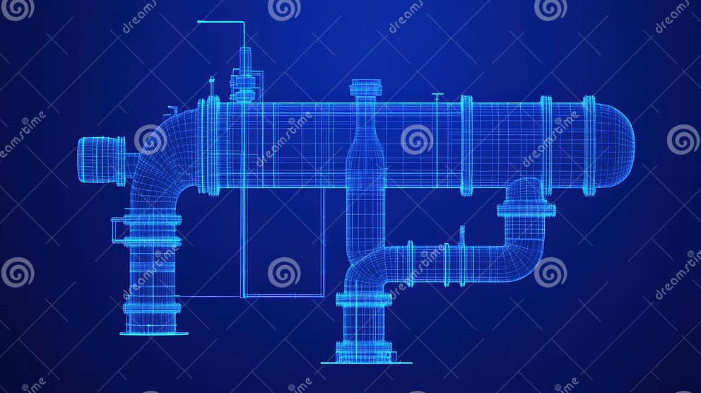 A Digital Blueprint of a Pipe System Displayed in a Blue Wireframe ...