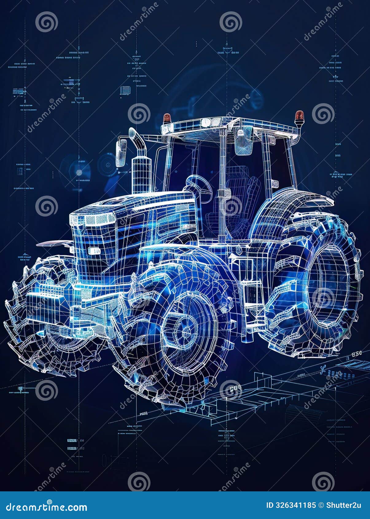 Digital Blueprint of Tractor Futuristic Farming 3D Model Stock ...