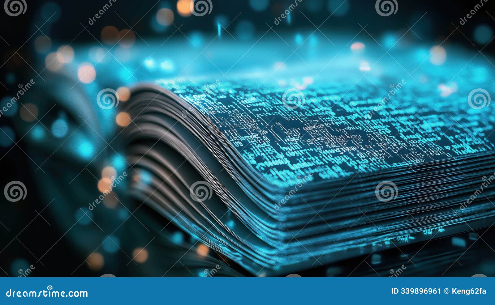 Digital Book with Glowing Data Patterns and Abstract Lights Stock ...
