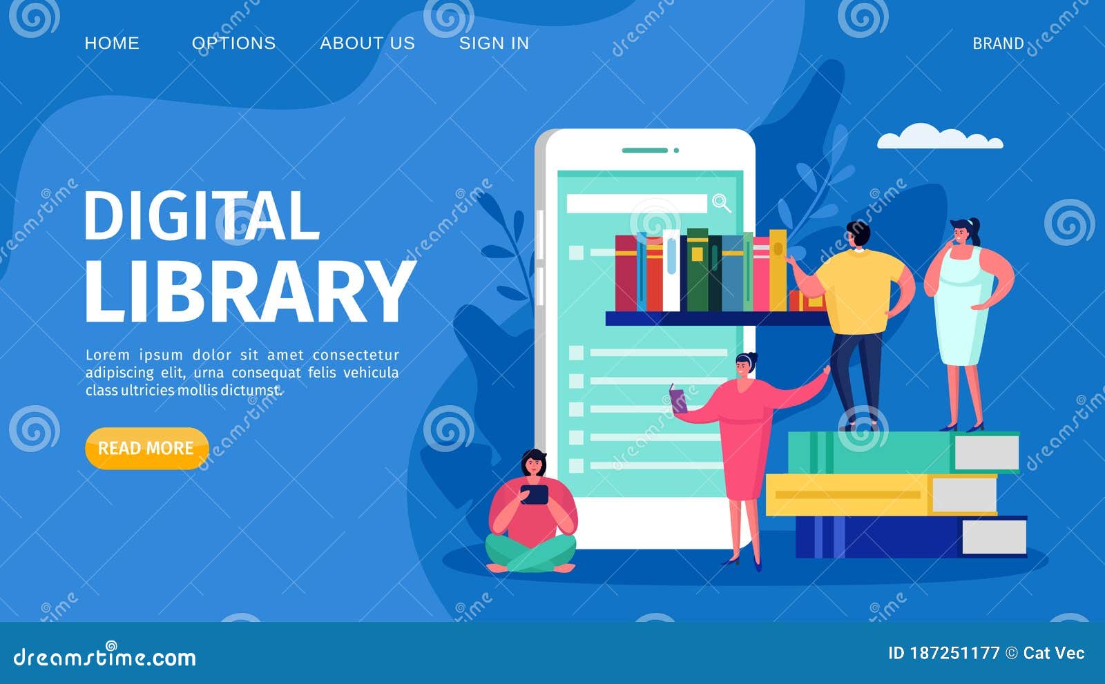 Digital Book Library and Education Online, Vector Illustration. Web ...