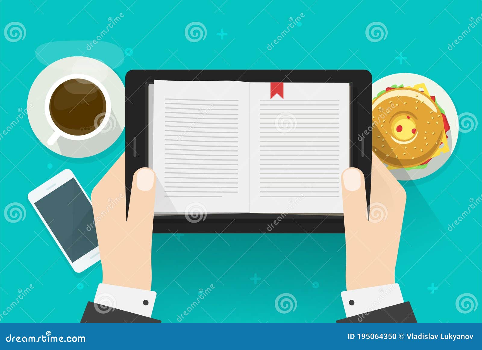 Digital Book Reading Man, Electronic Notebook Reader on Tablet Computer ...