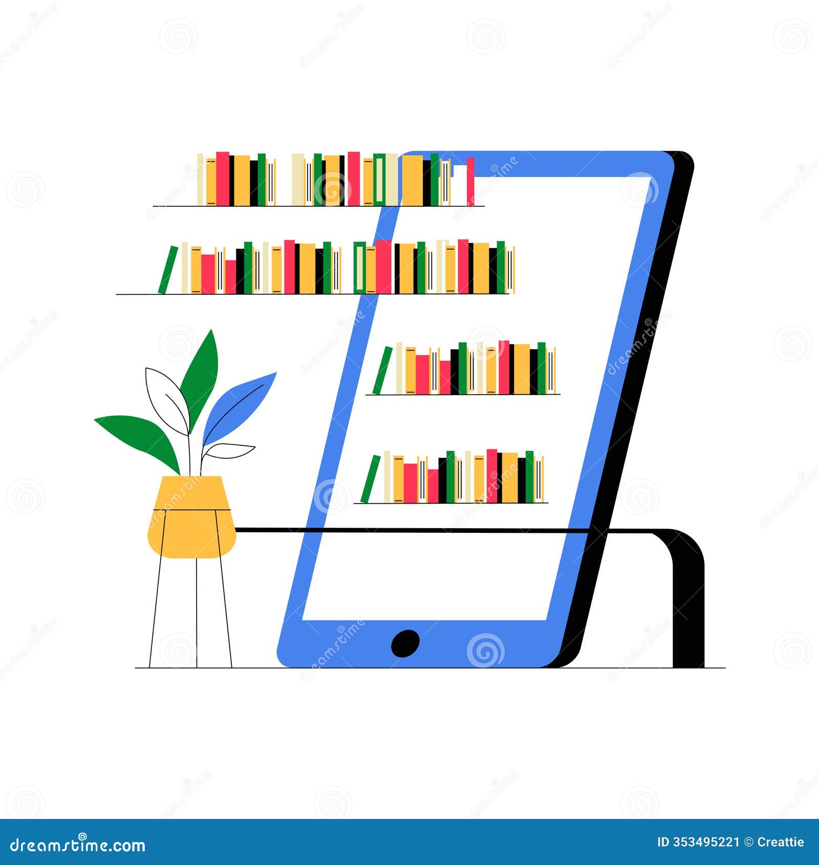 Digital Bookshelf in Mobile Interface in Flat Vector Illustration ...