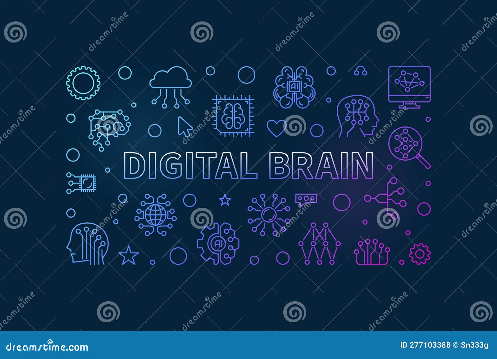 Digital Brain Concept Horizontal Thin Line Colored Banner. Vector ...