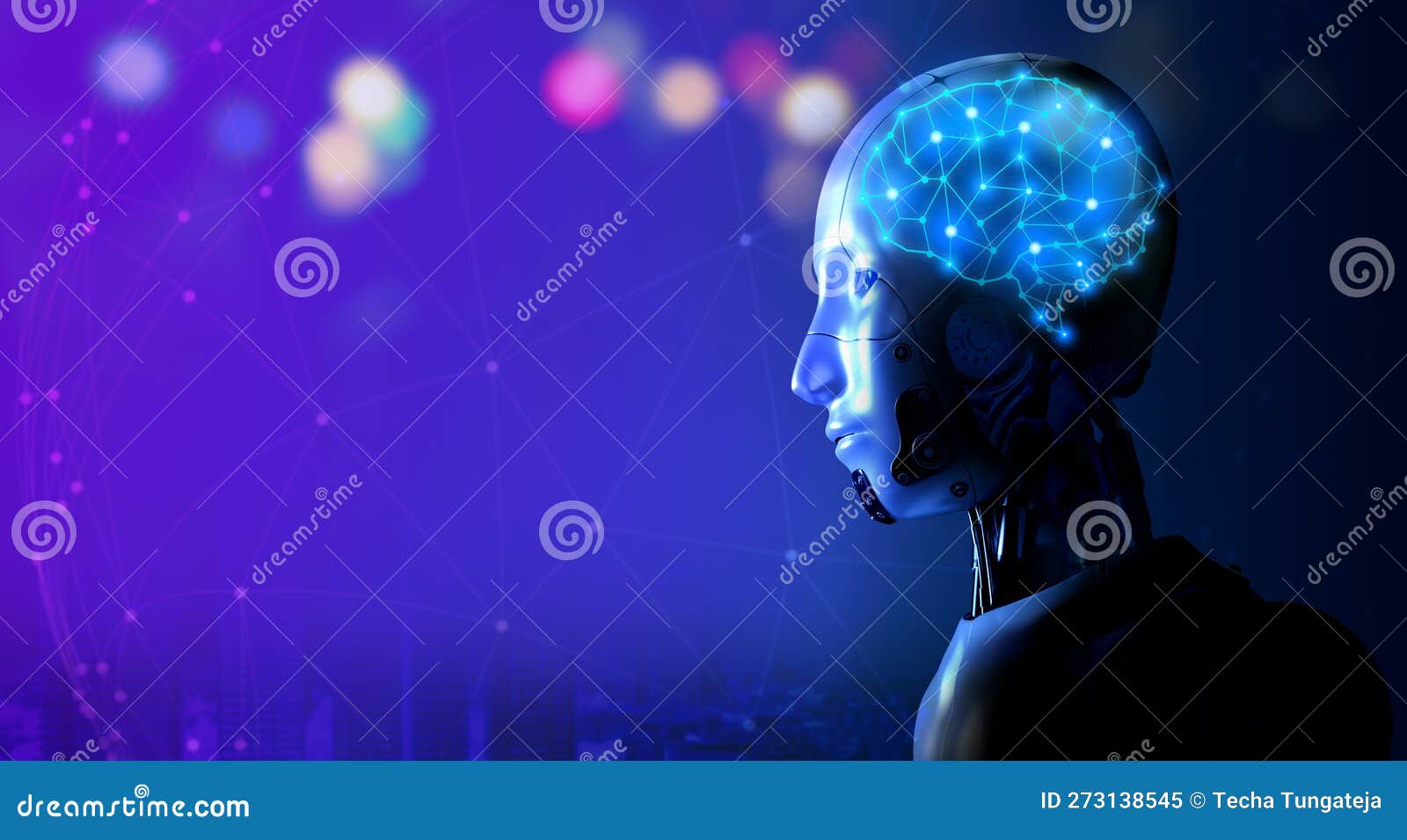 Digital Brain Glow in the Humanoid Robot Head on Blue Network and City ...