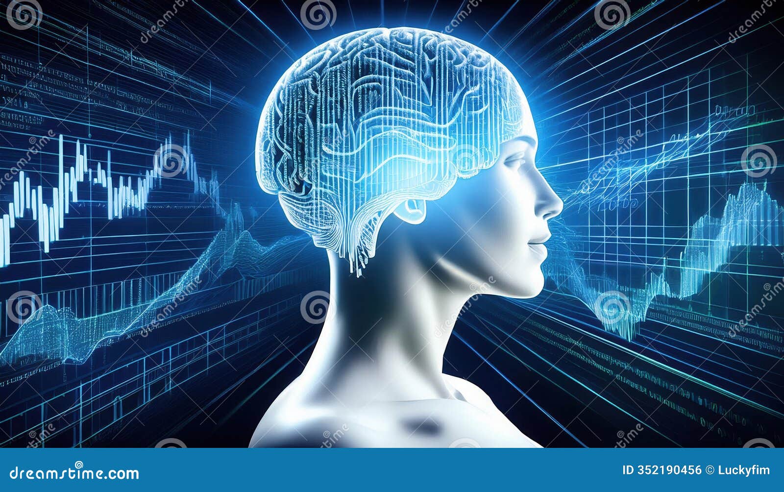 Digital Brain Glowing with Binary Code Streams, Surrounded by Charts ... Digital Brain Glowing with Binary Code Streams, Surrounded by Charts ...