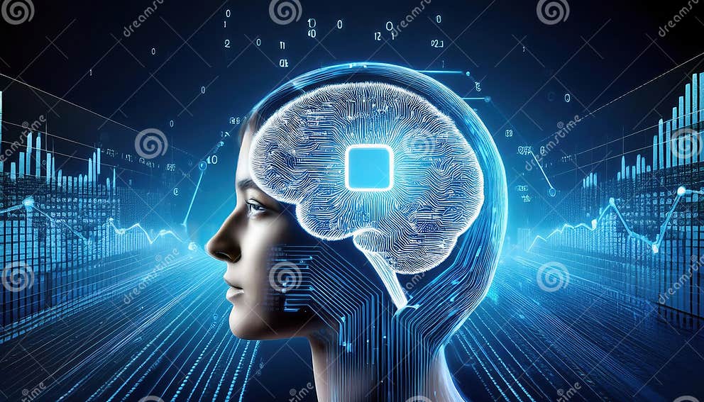 Digital Brain Glowing with Binary Code Streams, Surrounded by Data Charts and Graphs, Symbolizes ...