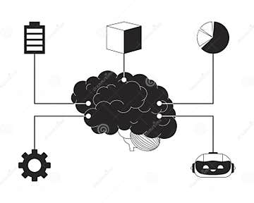 Digital Brain Machine Learning Black and White 2D Line Cartoon Object ...