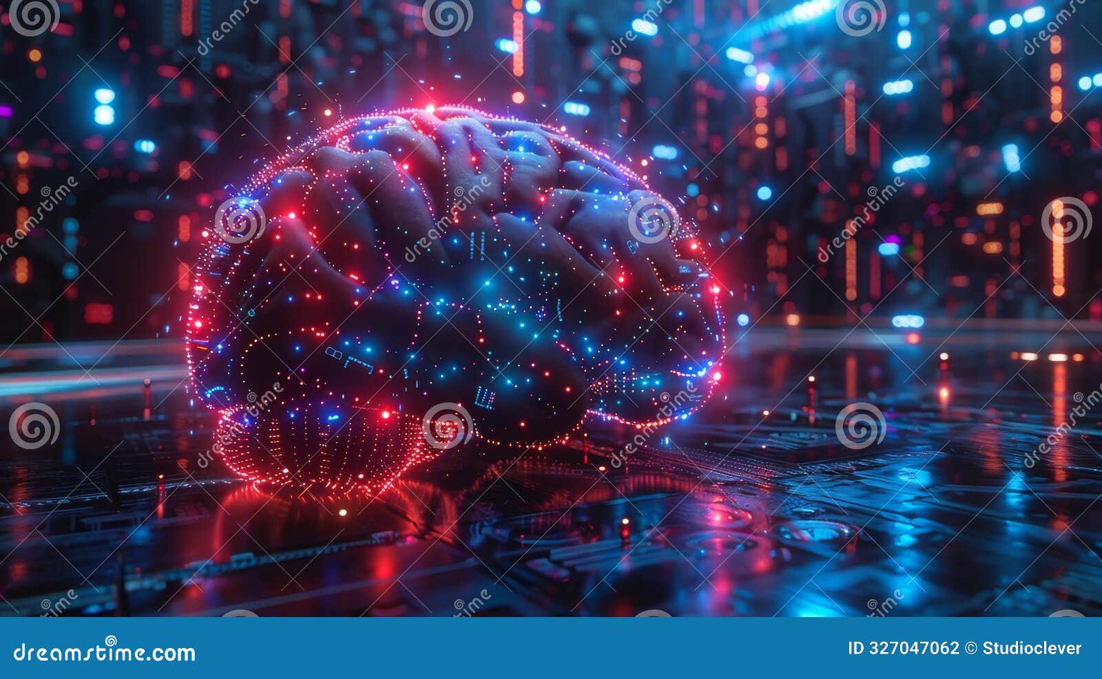 Digital Brain with Neon Lights - Generative Ai Stock Illustration ...