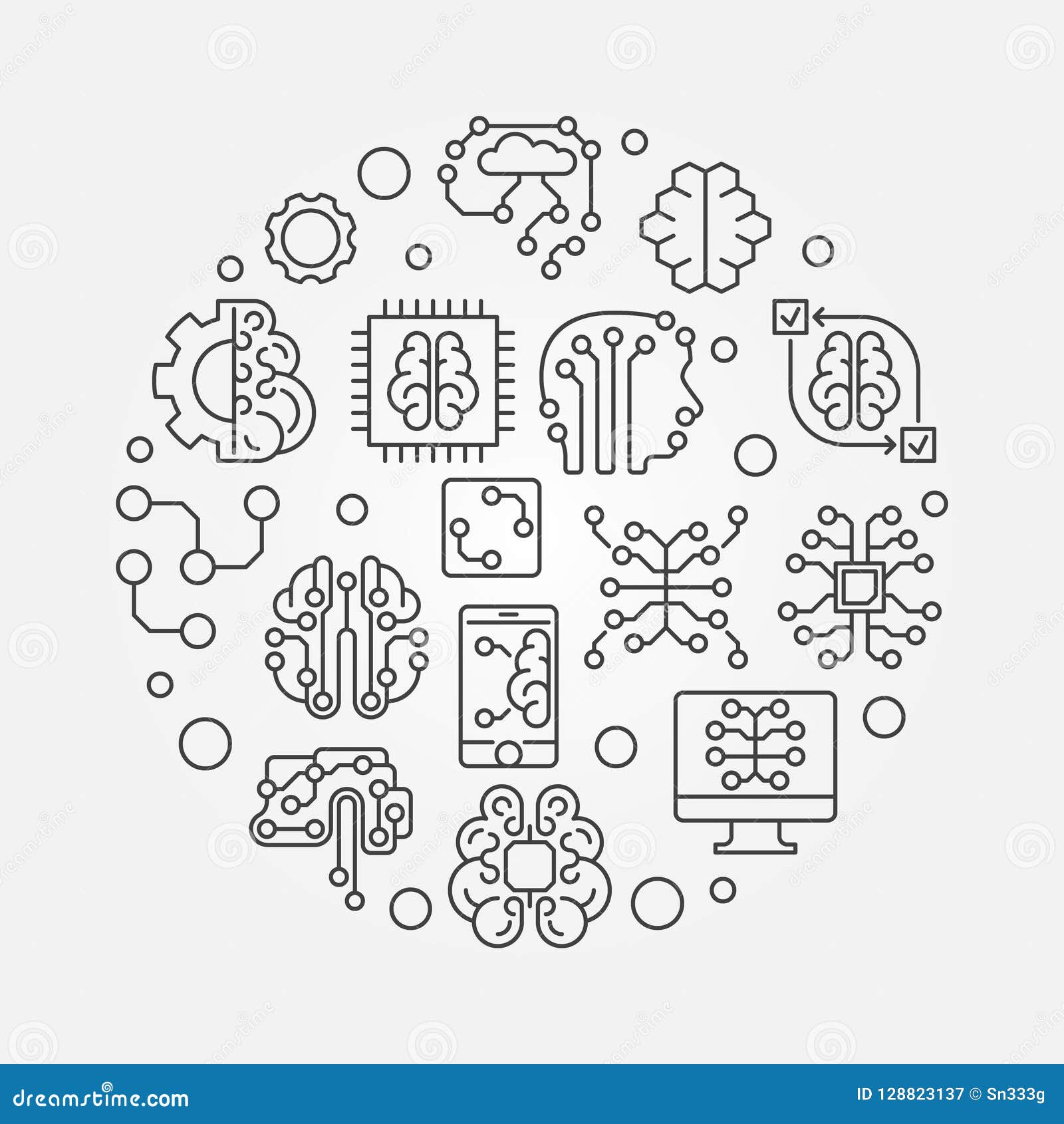 Digital Brain Round Vector Simple Outline Illustration Stock Vector ...