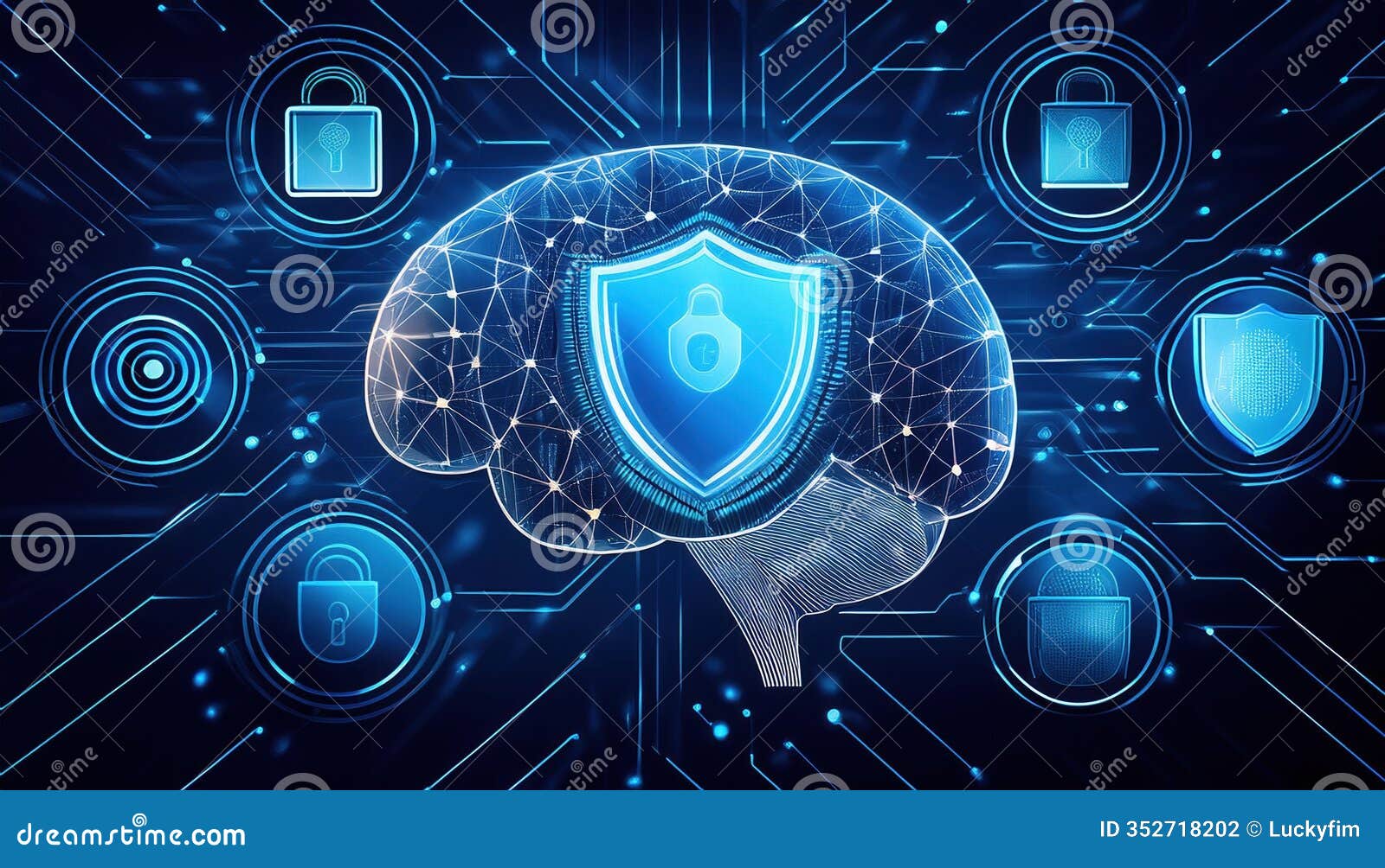 Digital Brain with a Shield Symbolizes Cybersecurity, Featuring Locks ...