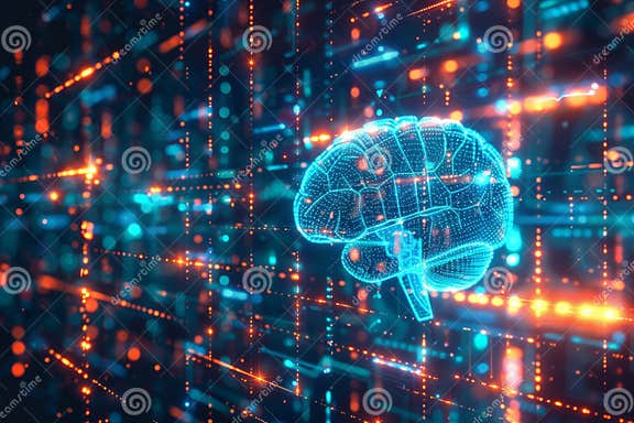 Digital Brain Wireframe Glowing Circuits and Data Streams Illustrating ...