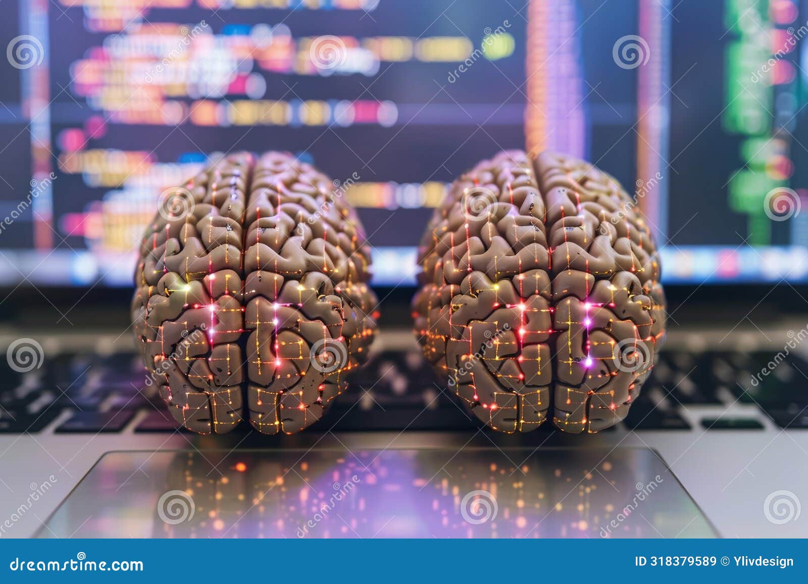 Digital Brains on Laptop with Coding Background Stock Illustration ...
