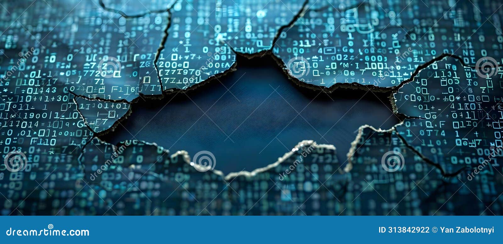 Digital Breach: Cracked Screen Exposing Binary Secrets. Concept ...