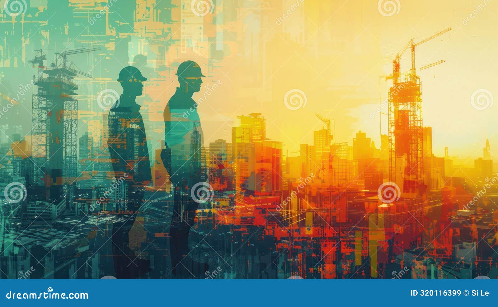 Digital Building Construction with Double Exposure Illustration ...