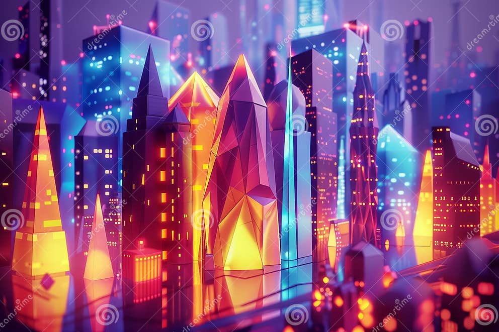 Digital Building of Glowing 3d Triangular Polygons Stock Illustration ...